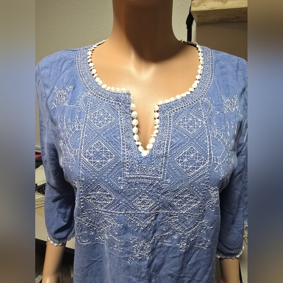 Cato | Tops | Cato Blue Blouse With White Embroidery | Poshmark
